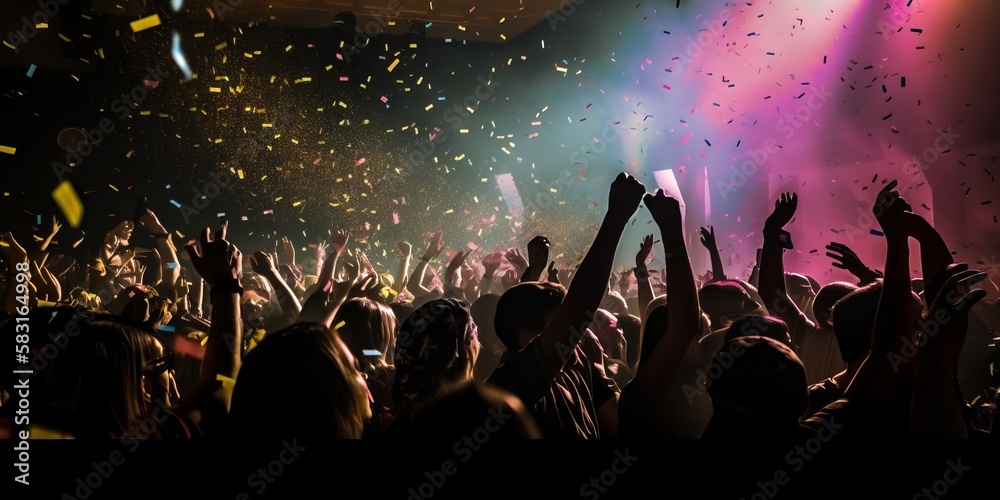 Crowded concert festival with scene stage orange and yellow lights with ...