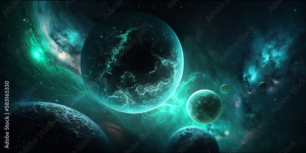 Space background with fictional planets in a night sky, 3d render ...