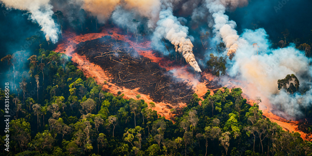 Rainforest deforestation problem. Aerial view of fire clearing. Illegal logging for palm oil ...