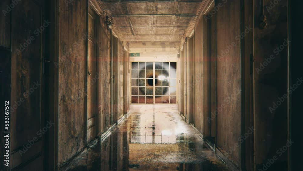 Creepy Eye Spy Window Building Interior Zoom In Hallway Weird Scene ...