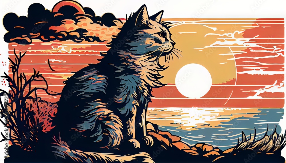 Vintage Cat Silhouette in a Bold and Exciting Sunset Scene: A Detailed ...