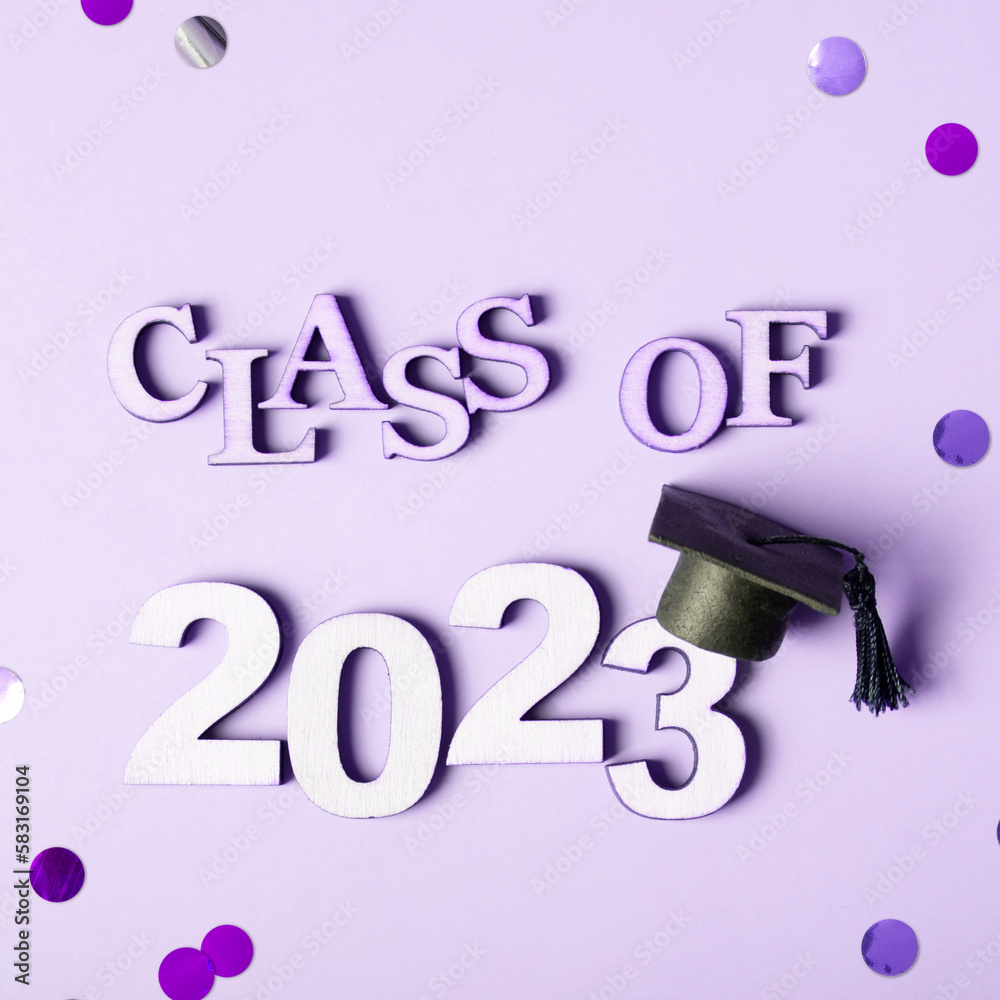 Class of 2023 concept. Wooden number 2023 with graduated cap on colored ...