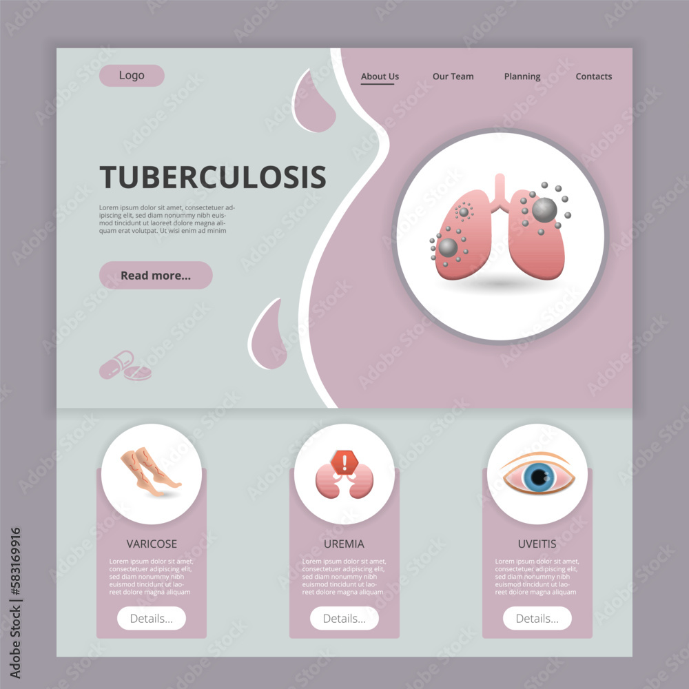 Tuberculosis flat landing page website template. Varicose, uremia ...