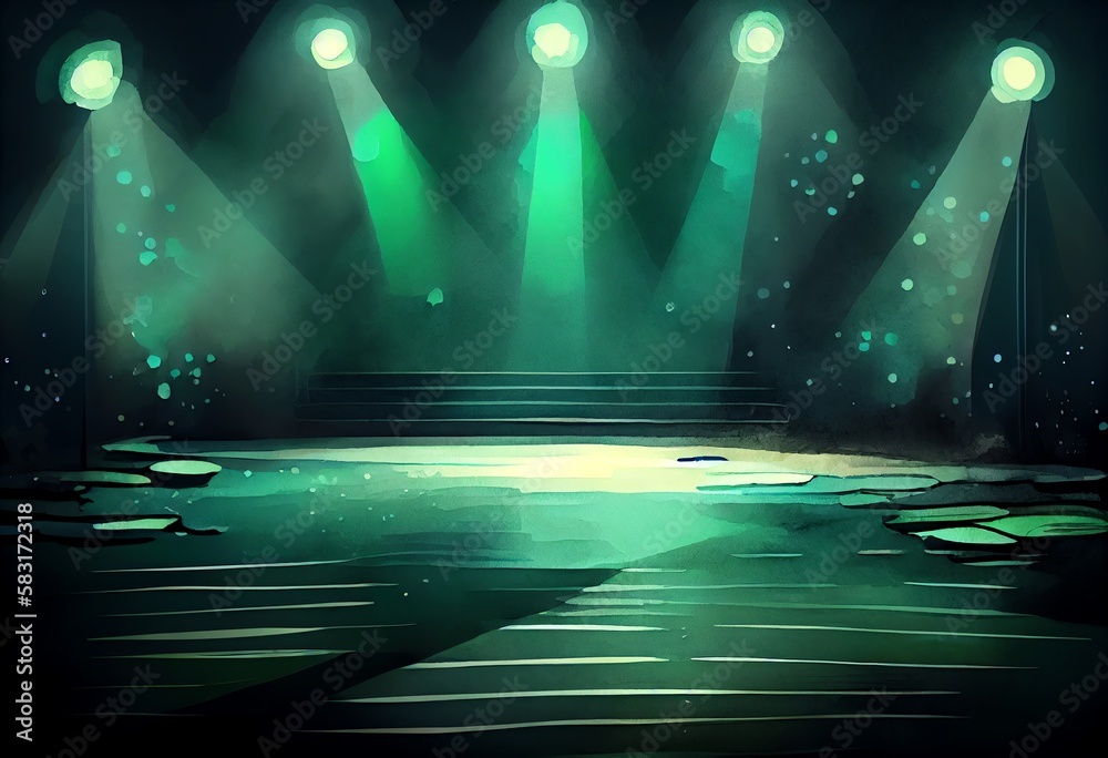 Watercolor Illustration of a Green Spotlights Shine On Stage Floor In ...