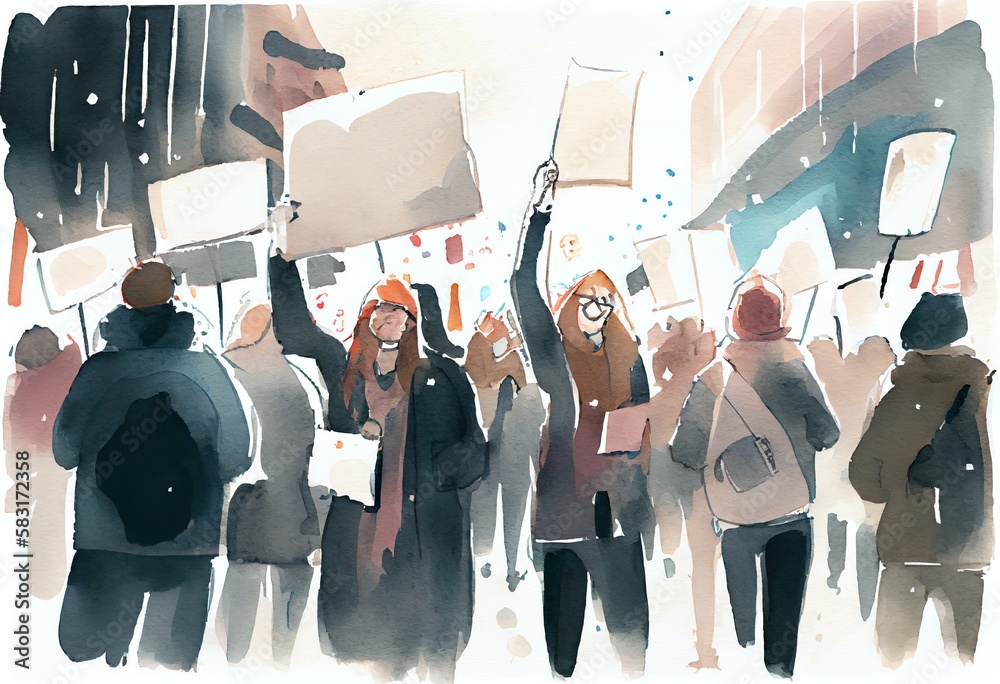 Watercolor Illustration of a Group Of People Protesting And Holding ...