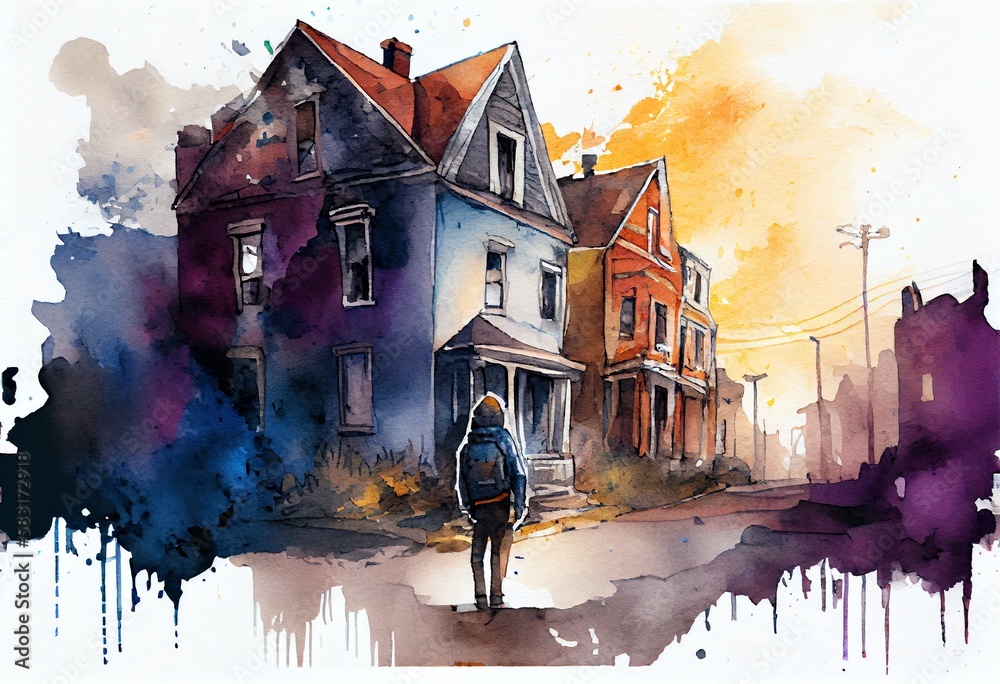 Watercolor Illustration of a Person Walking Through Neighborhood With ...