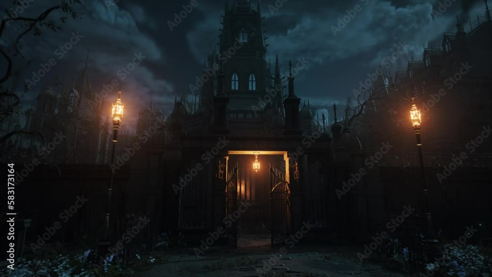 Camera is flying to the gate of the cemetry at a gothic church ...