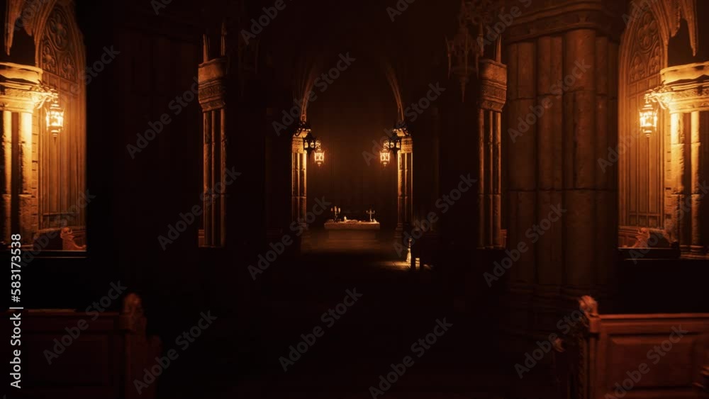 Camera is flying to the Crypt of a gothic church - realistic 3d ...