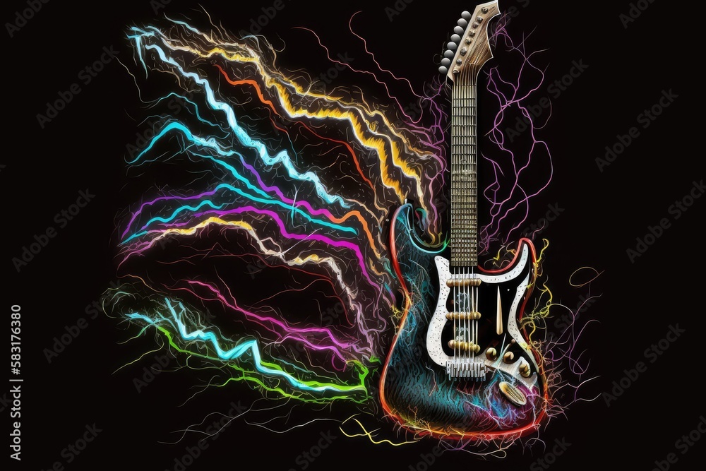 electric guitar, with lightning bolt design and multicolored strings ...