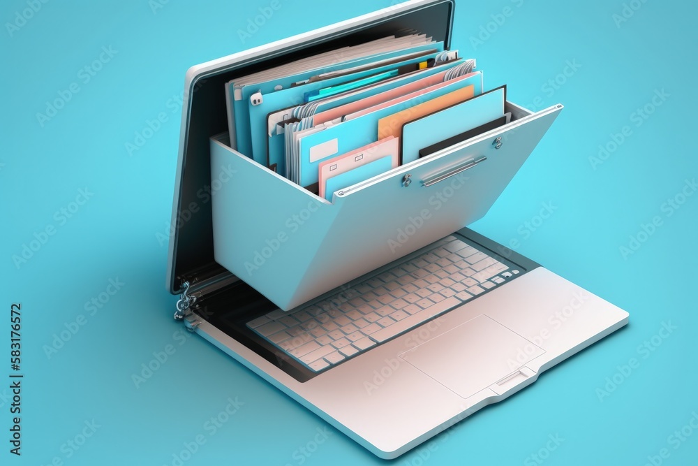 Laptop illustration with file drawer, data stores concept, blue ...