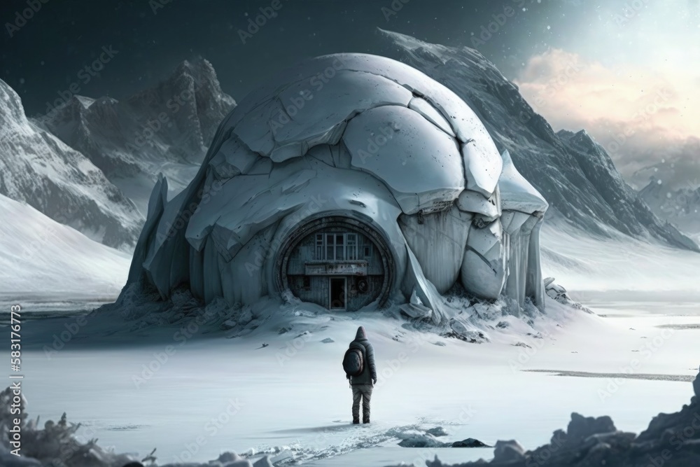 Landscape with Eskimo from the back, wooden house at the North Pole ...