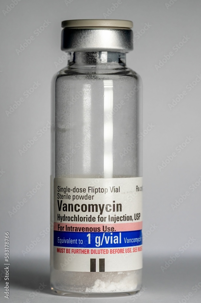 Bottle of Vancomycin antibiotics treating bacterial infections for ...