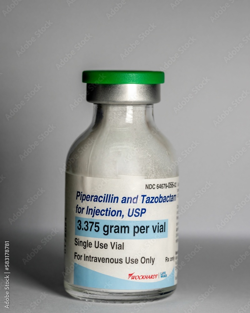 Bottle of Piperacillin and tazobactam antibiotics treating infections ...