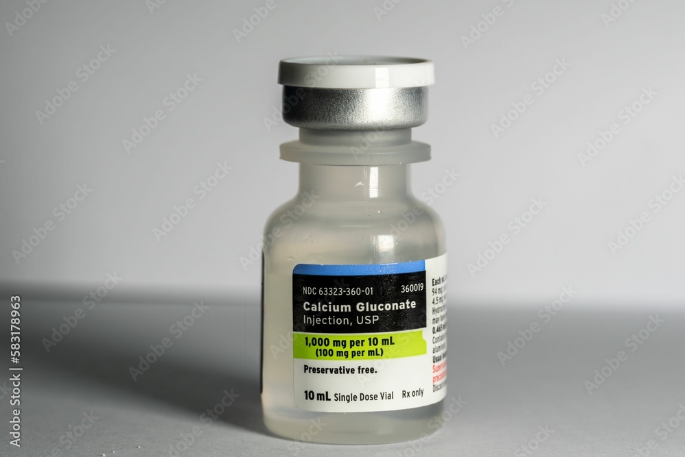Bottle of Calcium Gluconate for injection treating calcium related ...