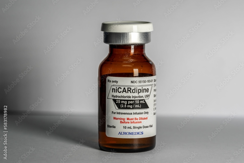 Bottle of Nicardipine antihypertensive drug treating high blood ...