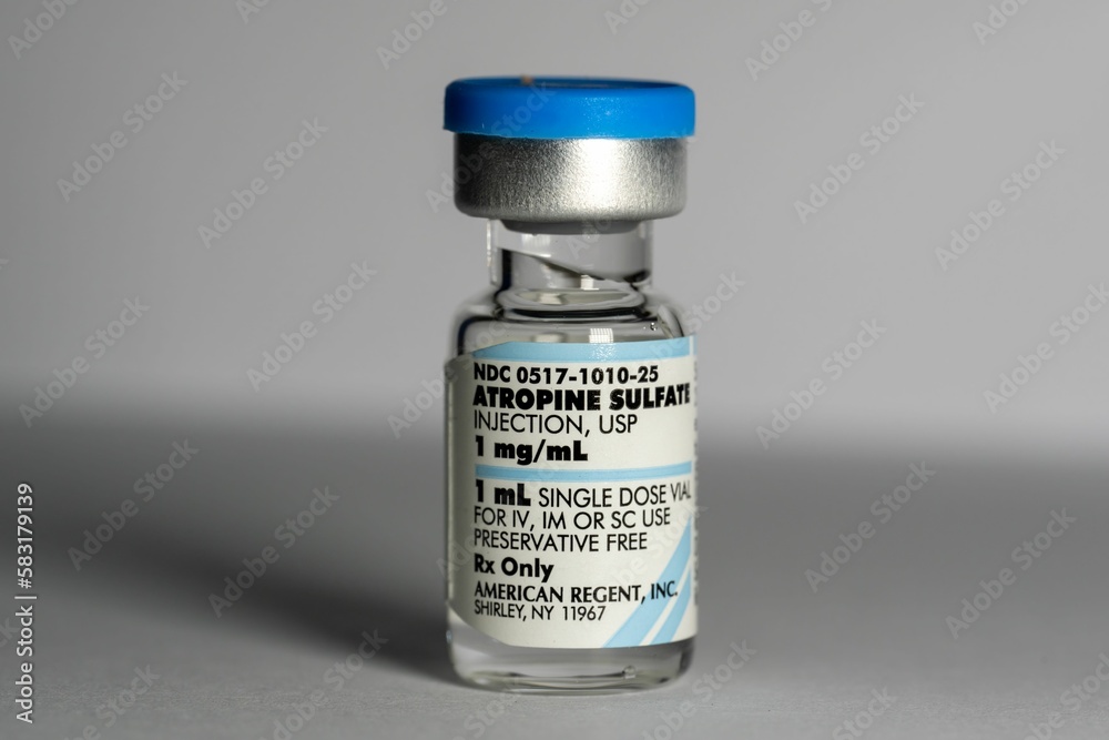 Bottle of Atropine sulfate medicine for injection treating heart rhythm ...