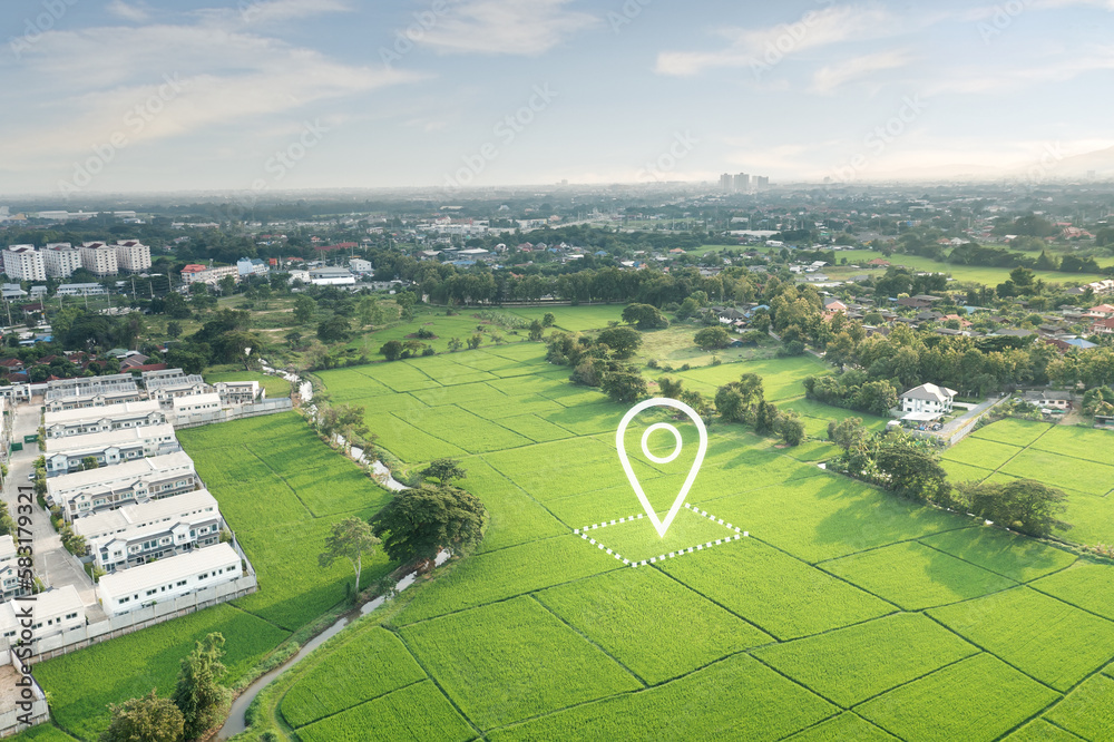Land plot in aerial view. Identify registration symbol of vacant area ...