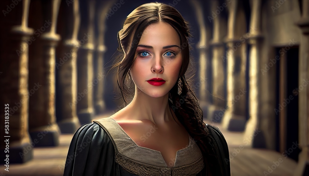 Stunning Medieval Noble Woman in Gorgeous Linen Dress Smiling at the ...