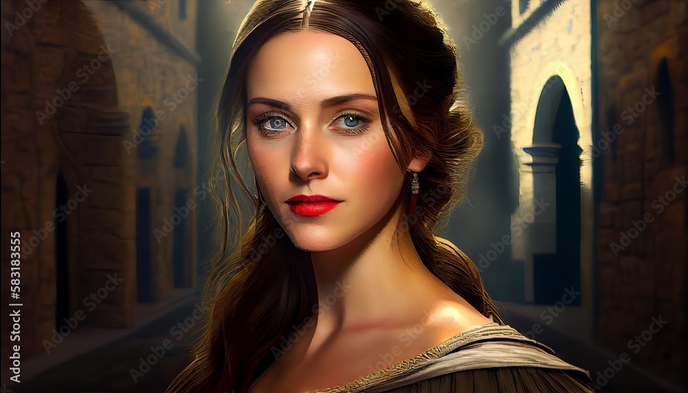 Stunning Medieval Noble Woman in Gorgeous Linen Dress Smiling at the ...