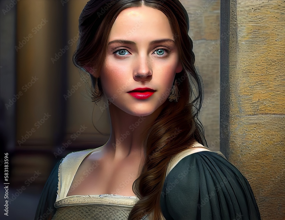 Stunning Medieval Noble Woman in Gorgeous Linen Dress Smiling at the ...