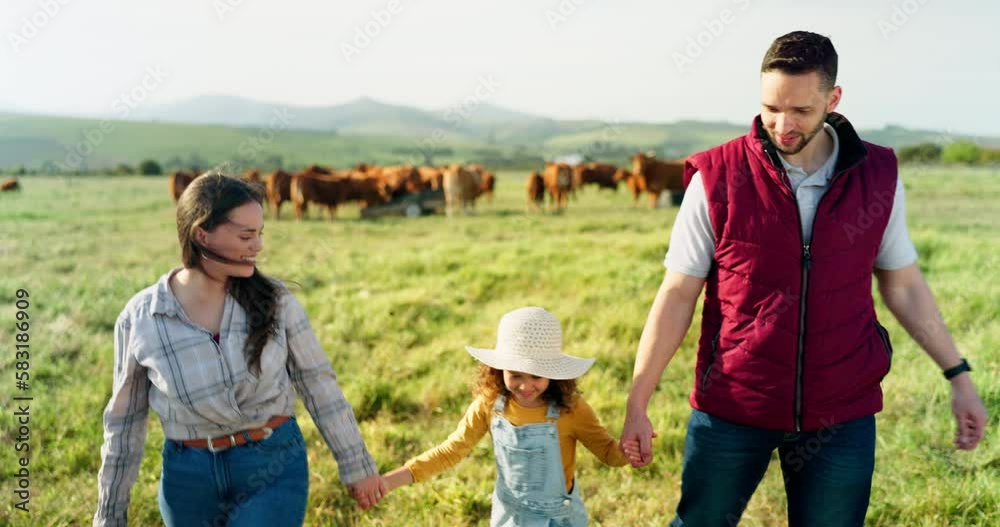 Farmer family, cow farm and field walk with girl and parents bonding in ...