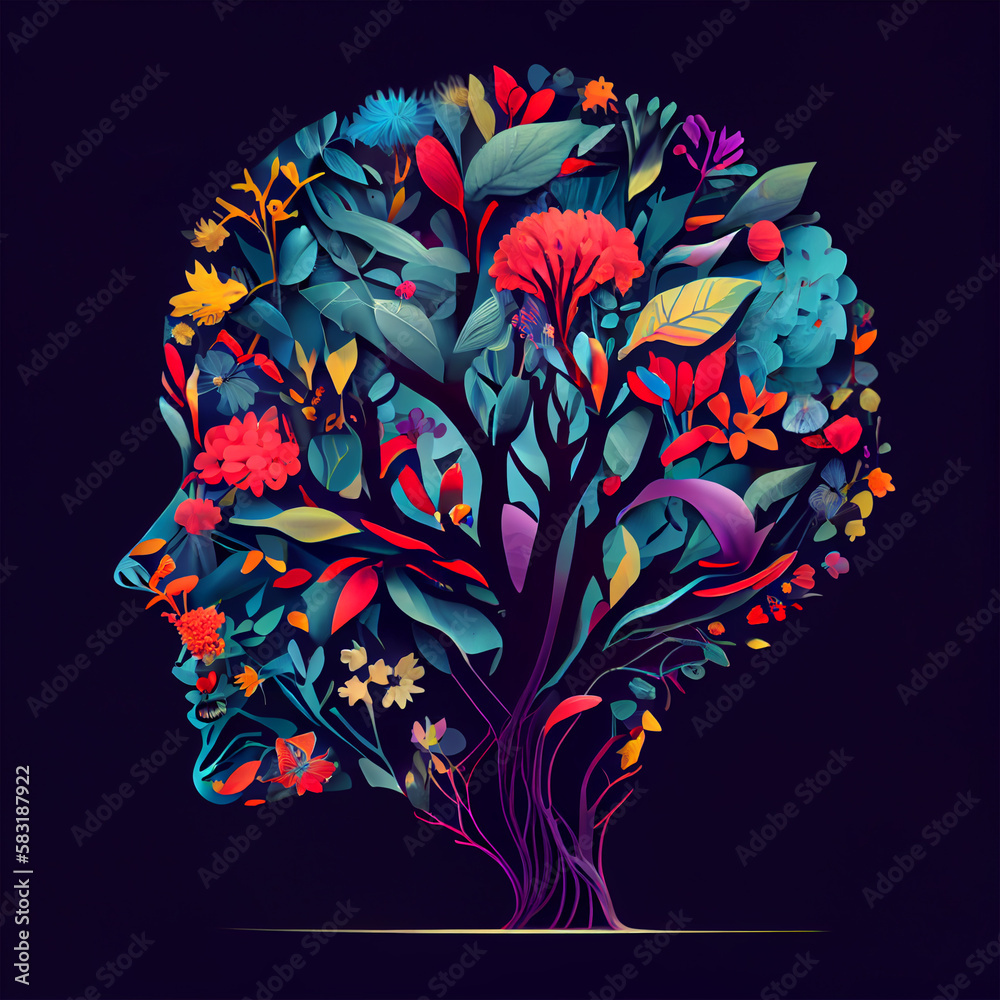 Human brain tree with flowers and butterflies, concept of self care ...