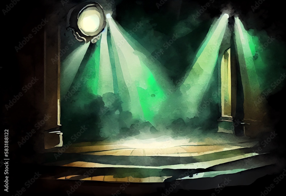 Watercolor Illustration of a Green Spotlights Shine On Stage Floor In ...