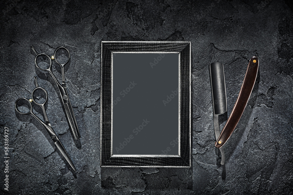 Barber Shop Concept Scissors Stright Razor And Epmty Frame Freespace ...