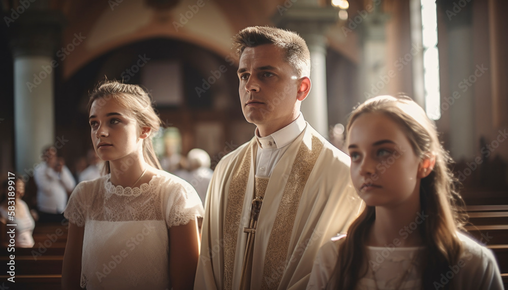 Holy church confirmation ceremony with young stylish teenagers in a ...