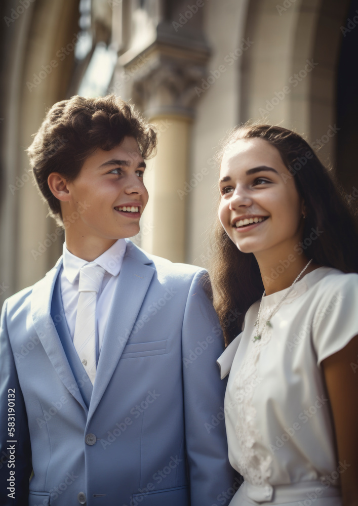 Holy church confirmation ceremony with young stylish teenager dressed ...