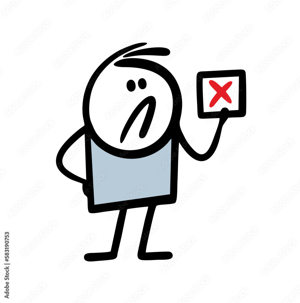 Funny cartoon boy holds a sign with a red cross of denial in his hand ...