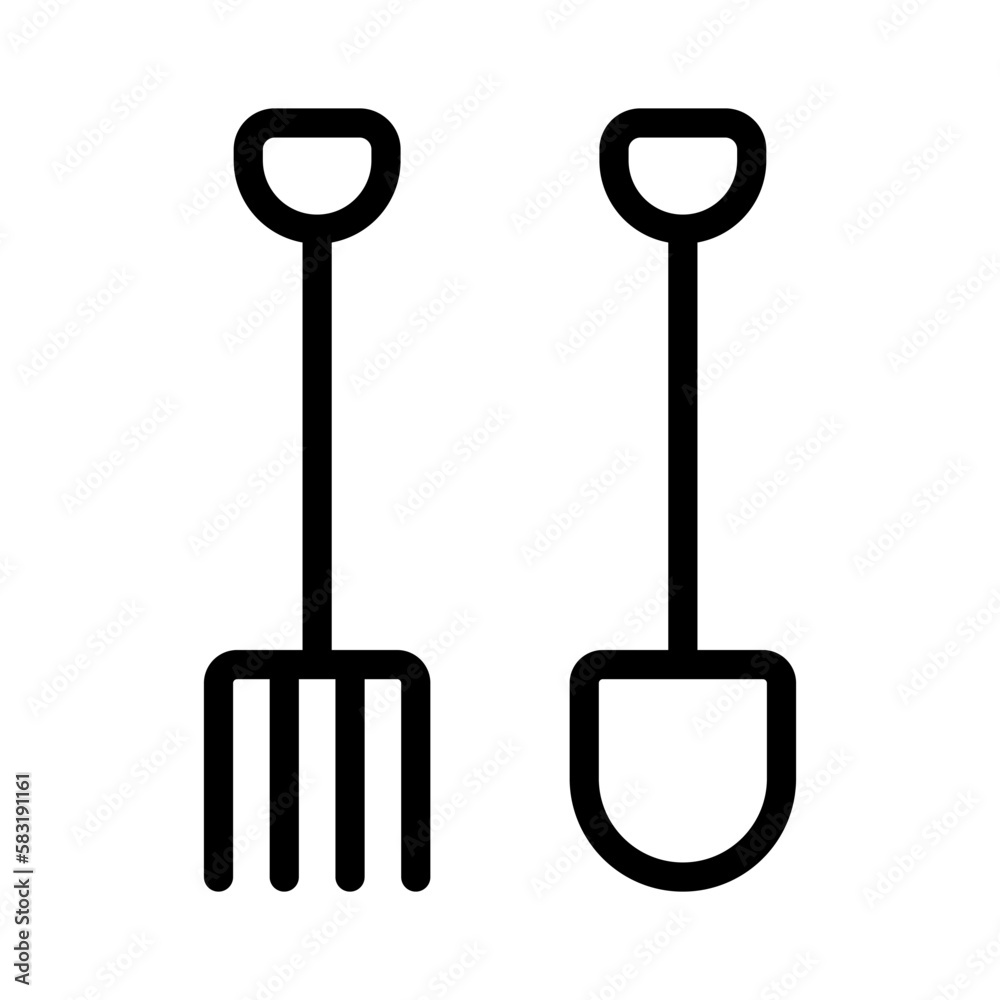 Shovel and pitchfork icon. Black contour linear silhouette. Front view ...