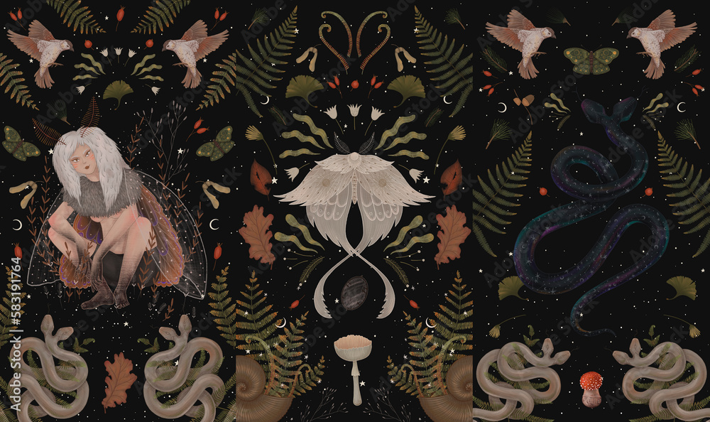 magical forest elements. images of a snake, night moth, fly agaric ...