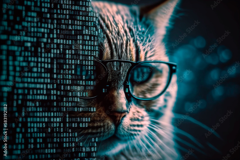 Cat in glasses with reflection of binary numbers. Programming concept ...
