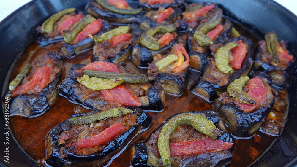 Traditional Turkish food eggplant stuffed / filled with minced meat ...
