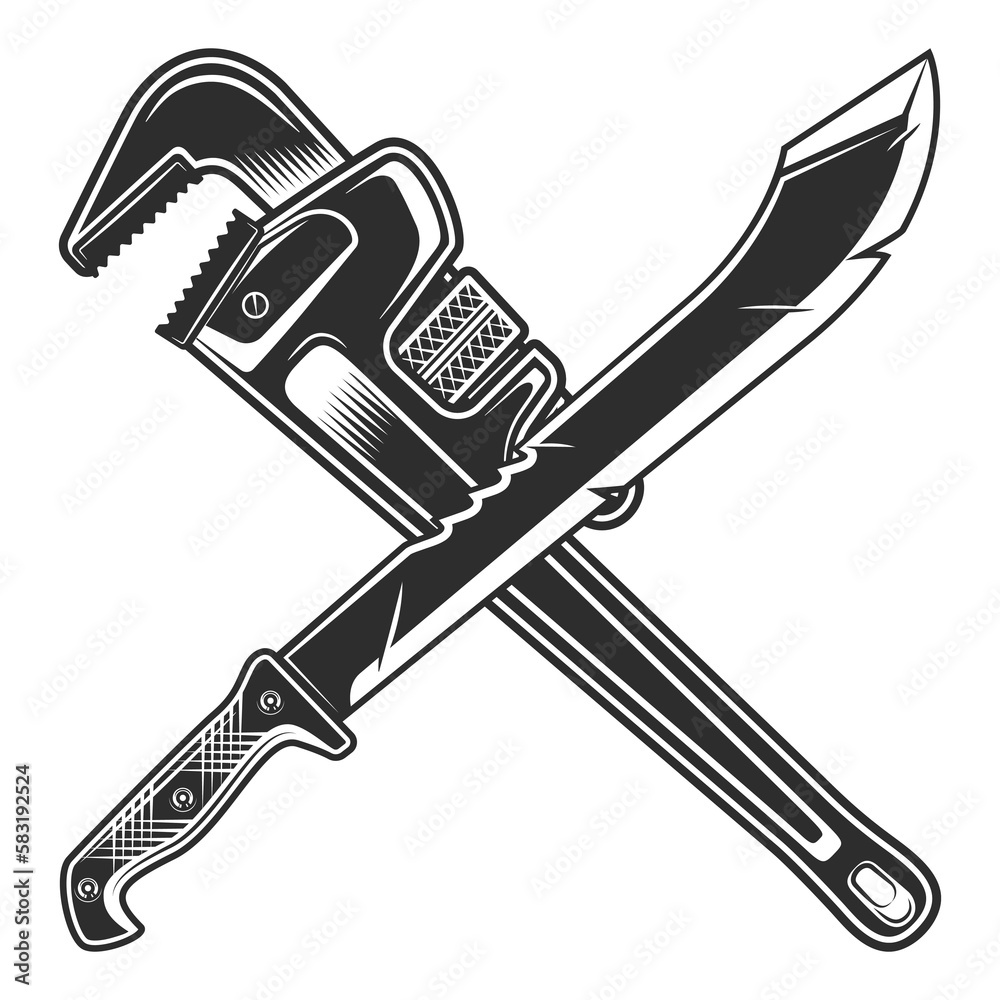 Machete with plumbing wrench construction spanner icon. Sharp knife ...