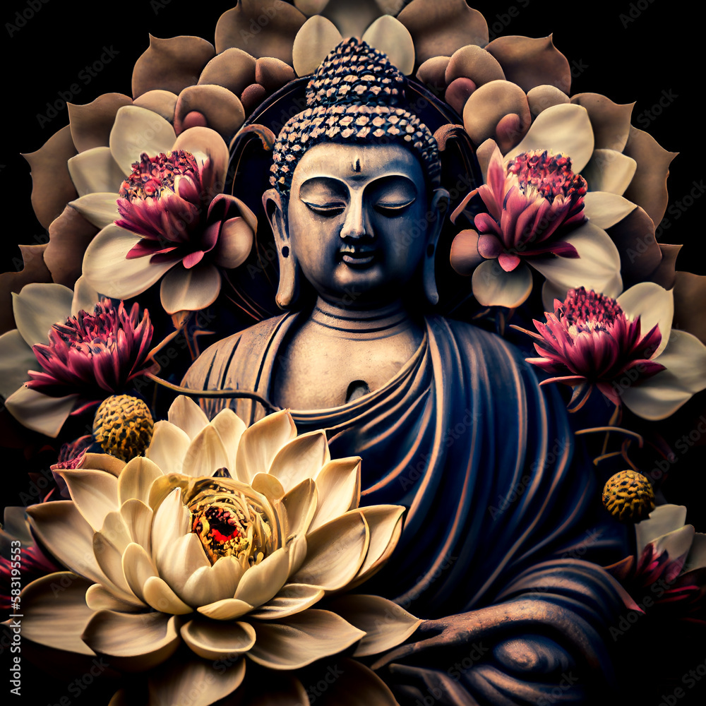 Image generative AI. Representation of Buddha sitting in the lotus ...