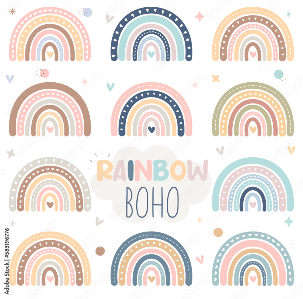 Cute vector Boho Rainbow Illustration set with heart isolated on white ...