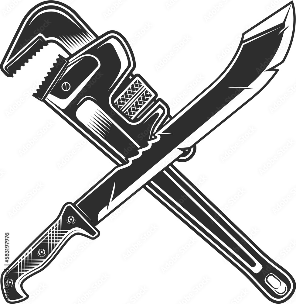 Machete with plumbing wrench construction spanner icon. Sharp knife ...