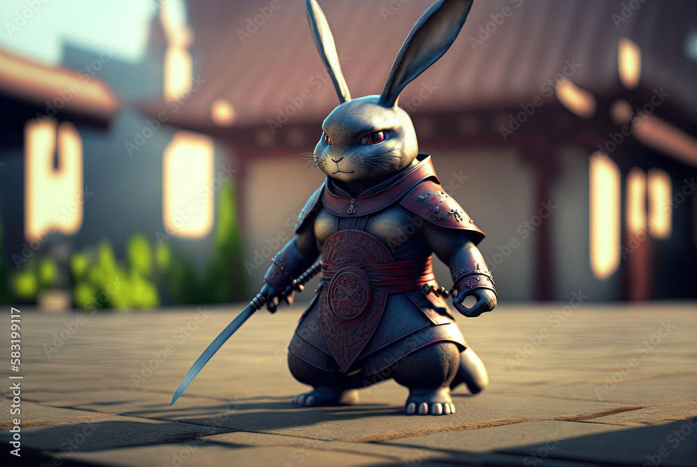 Rabbit samurai in traditional drawing style. Japanese styled art with ...