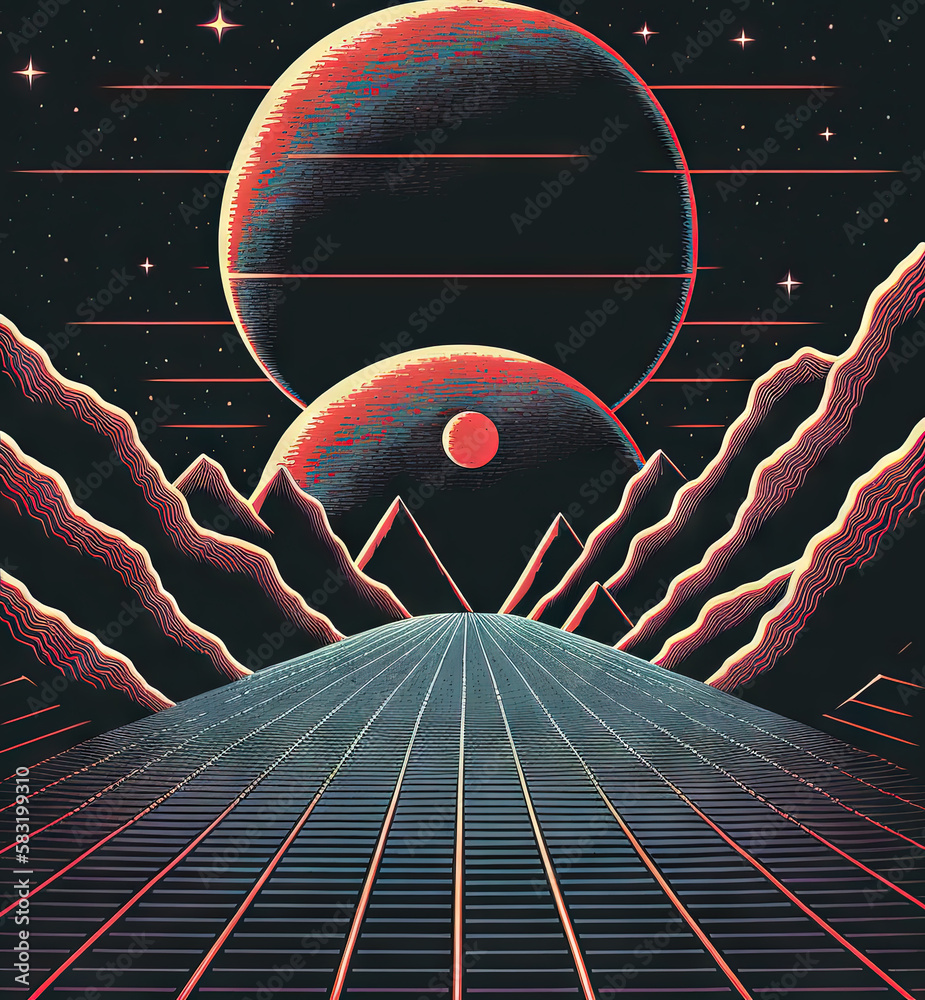Retro styled sci-fi landscape with mountains. Retro futuristic science ...