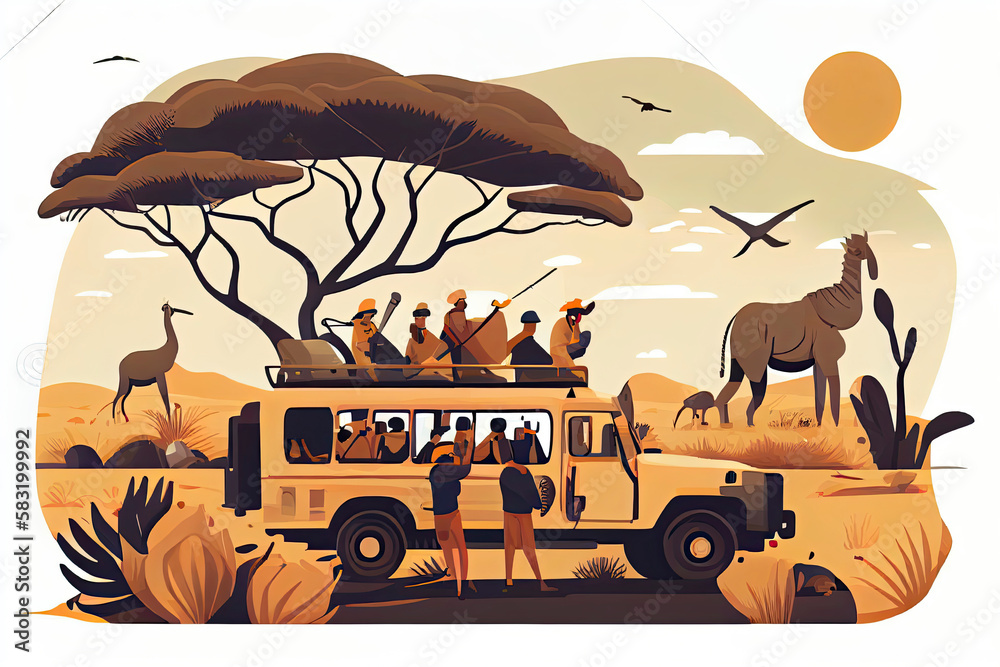 People in safari tour, savanna wild landscape vector illustration ...