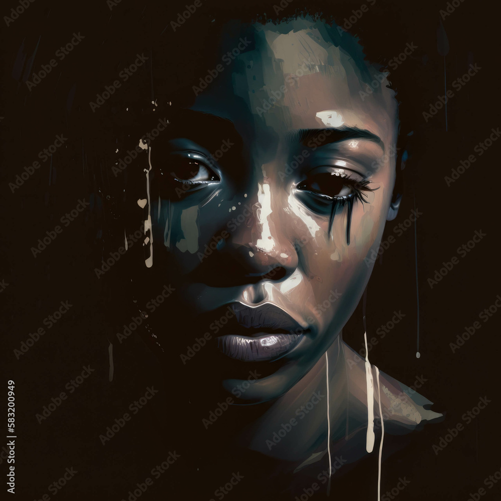 A lonely black woman sits alone in the dark her face streaked with ...