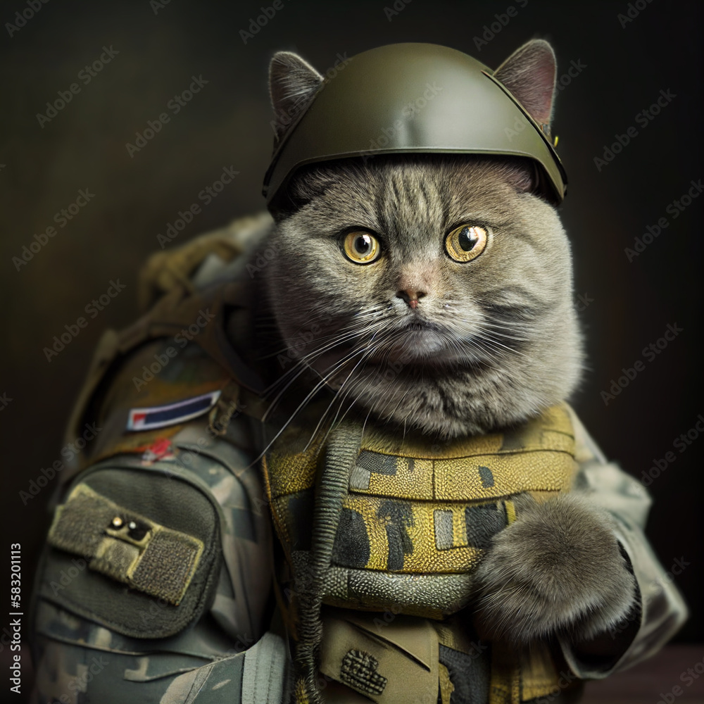 Military uniformed British shorthair cat. Created using generative AI ...
