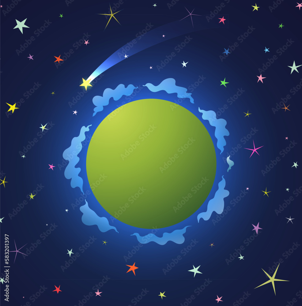 Cute Green Planet for Kids in outer space with shooting stars. Childish ...