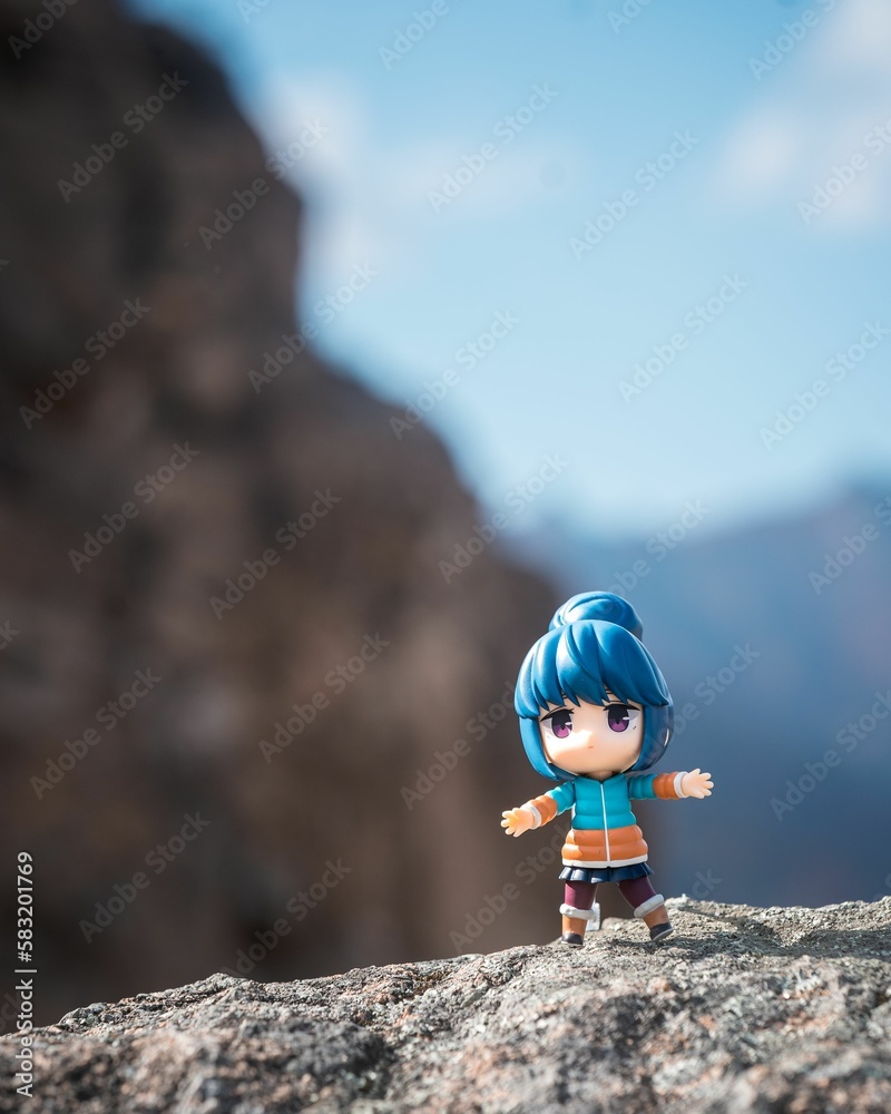 Nendoroid figure of Rin Shima from Yuru Camp on top of the Seoraksan mountain Stock Photo ...