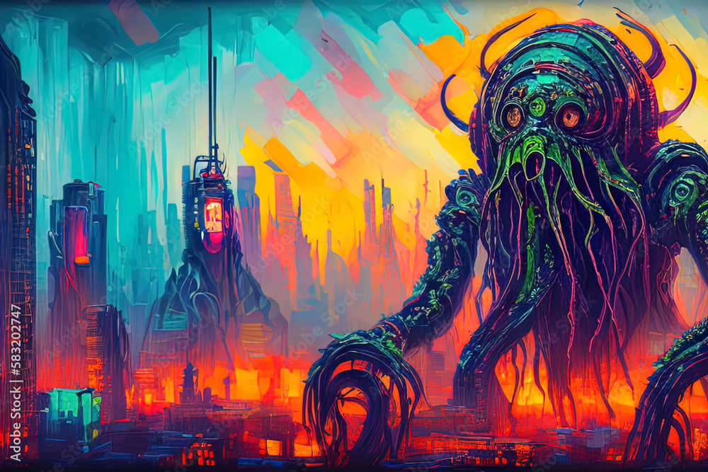 Giant lovecraftian cthulhu demon on cyberpunk city, Color Grading, 5D ...