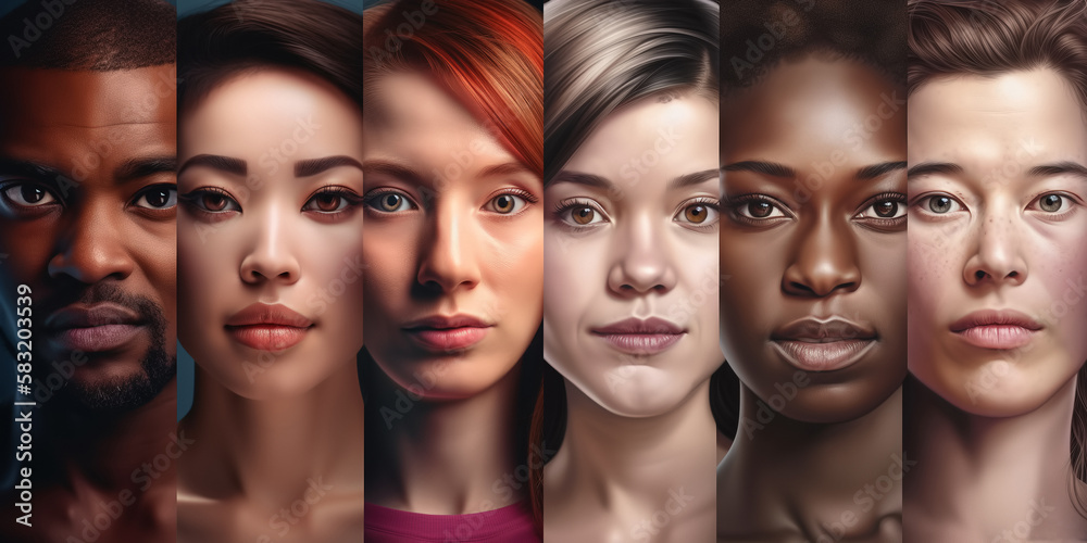 Headshot portraits of multi ethnic people of different age looking at ...