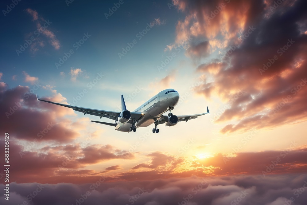 a plane flying in the sky with a sunset behind it and clouds in the ...