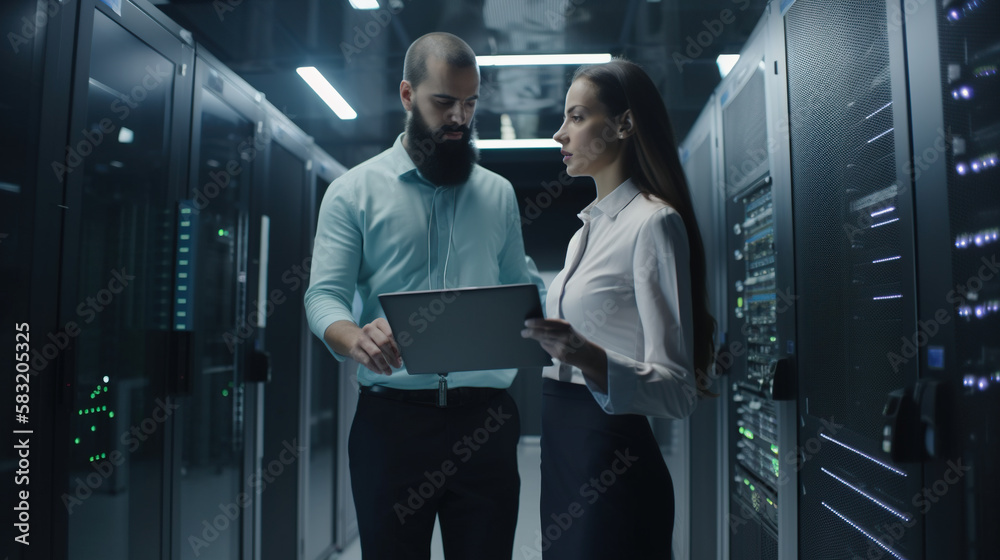 Programmers working on servers in data center. Modern technology ...